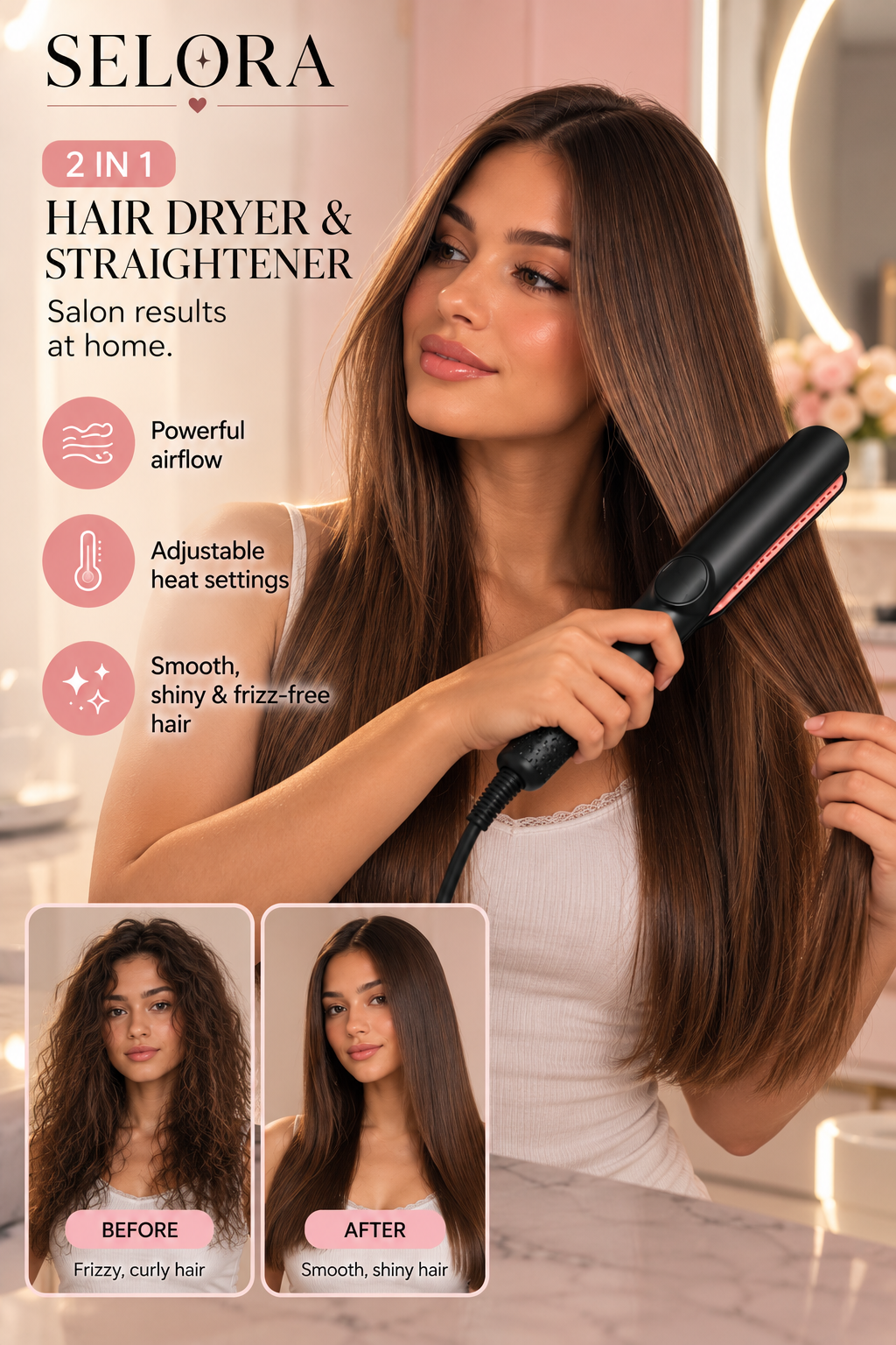 Selora 2-in-1 Hair Dryer & Straightener + FREE Automatic Hair Curler